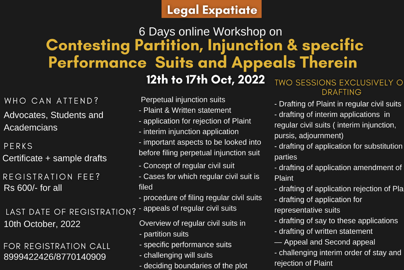 Legal Expatiate | 6 Days Online Workshop on Contesting Injunction ...
